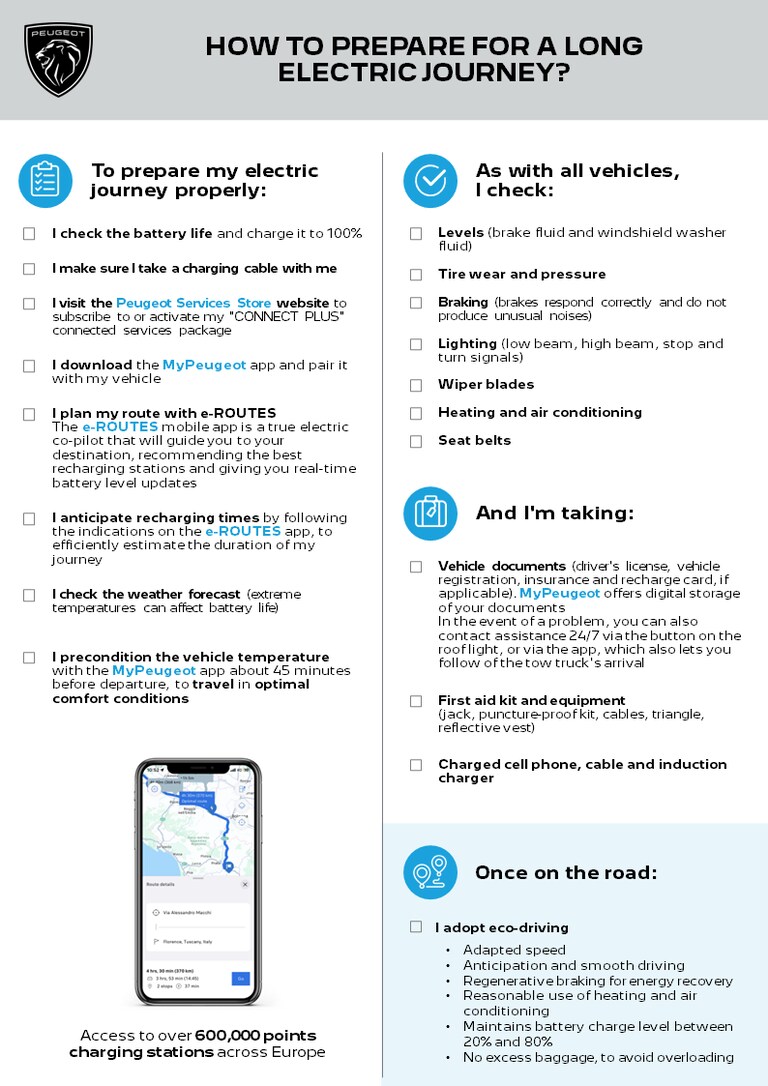 Peugeot electric checklist, for light-hearted travel